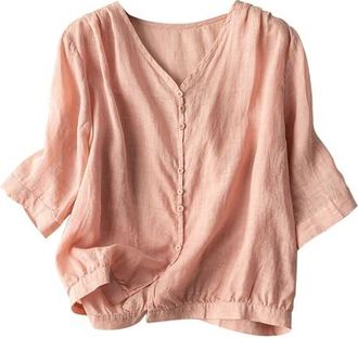 Generic Top Manches Longues Femme Bouton Chemise Oversize Femme Grande Taille Chemisier Col V Chemisiers en Coton Et Lin Haut D&eacute;contract&eacute; Ample Top Couleur Un