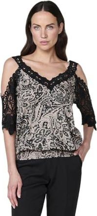 Kor&ouml;shi Chemisier bouffant &agrave; manches courtes en cr&ecirc;pe avec col en V blond, manches en blonde et taille fronc&eacute;e avec volant en bas imprim&eacute; cachemire noir pour 