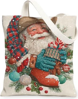 Generic Sacs fourre-tout en toile motif P&egrave;re No&euml;l vintage, r&eacute;utilisables, l&eacute;gers et lavables avec bandouli&egrave;re pour voyage, plage, pique-nique, 33 x 38 cm