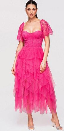 Ombre Abendkleid Cocktailkleid Spitze T&uuml;ll Midi Fuschia M (kein Set, 1-tlg) Mehrlagiger T&uuml;llrock, florale Spitze