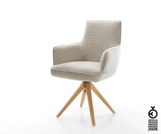 DELIFE Drehstuhl Heira-Flex mit Armlehnen Webstoff Soft Beige Holzgestell kantig Natur 180&deg; drehbar Taschenfederkern, Esszimmerst&uuml;hle