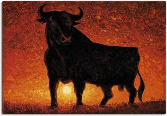 Artland Wanddeko Leinwand Bilder Wandbild 100x70 cm Stier Tiere Spanien Stierkampf Katalonien Malerei Modern Rot T4LC