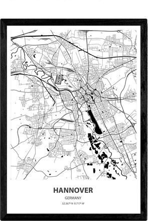 Nacnic Poster mit Karte von Hannover - Deutschland. Blätter Städte in Deutschland mit Meeren und Flüssen in schwarzer Farbe. A4-Format