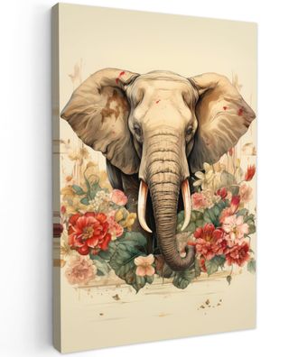 MuchoWow &copy; Leinw&auml;nde Klein 20x30 cm Mini Wall Decoration Bilder Schlafzimmer Deko Pictures Canvas Painting Wanddekoration Wohnzimmer Vintage - Elefant - Blumen