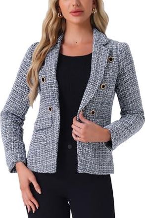 Allegra K Manteau de Veste en Tweed à Carreaux élégant à Manches Longues pour Femmes Bleu Noir L