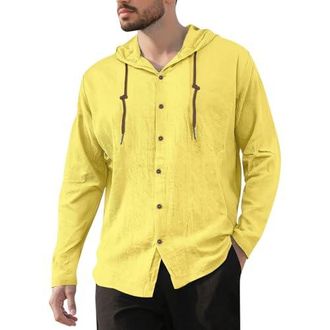 Generic DENGJIAMY Sweat &agrave; capuche en lin pour homme uni boutonn&eacute; chemise &agrave; manches longues plage vacances chemise unie d&eacute;contract&eacute;e d&eacute;t&eacute; hauts pour hommes t-s