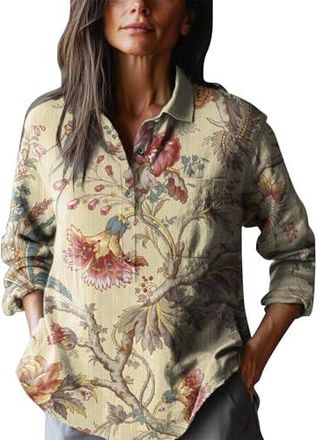 Generico Chemise Femme &Eacute;l&eacute;gant &agrave; Manches Longues T Shirt Coton Et Lin Curvy Grande Taille Chemises Col en V Doux Blouse Vintage Fantaisie avec Boutons Classiqu