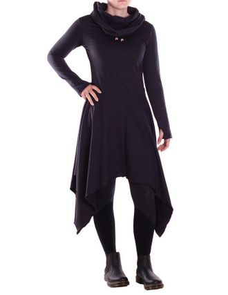 vishes Zipfelkleid Damen Wadenlanges Kleid Baumwolle asymmetrisch Schalkragen mit Taschen Alternative Bekleidung, Ethno, Hippie, Retro Style