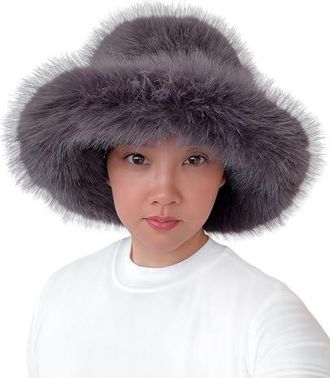 Lina & Lily Grand Chapeau Bob Hiver Femme à Larges Bords en Fausse Fourrure Poils Longs (Gris Foncé)