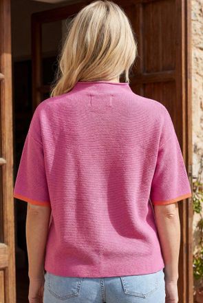 Six-O-Seven Strickpullover Viskose Strickshirt Kontraststreifen Pink, frischer Damen Trend Style