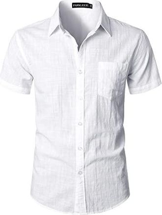 PARKLEES Chemise décontractée à manches courtes en coton et lin pour homme avec poche, blanc, XXL