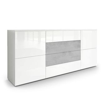 Vladon Sideboard Rova, Made in Germany, Kommode mit 4 T&uuml;ren und 4 Schubladen, Wei&szlig; matt/Wei&szlig; Hochglanz/Beton Oxid Optik (166 x 72 x 35 cm)