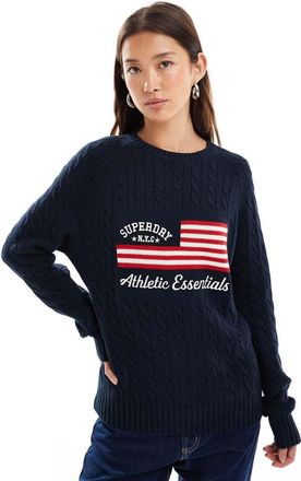 Superdry Pull souple en maille torsad&eacute;e &agrave; drapeau - Bleu marine intense