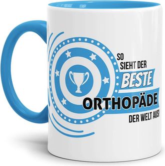 Tassendruck Berufe-TasseSo Sieht der Beste Orthopäde aus Innen & Henkel Hellblau/Job/Tasse mit Spruch/Kollegen/Arbeit/Fun/Mug/Cup/Geschenk/Beste Qualität - 25 Jah