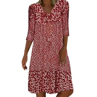 Generic Sommerkleid Damen Leicht Midi Kleid V-Ausschnitt 3/4 &Auml;rmel T-Shirt Kleider Swiss Dot Chiffonkleid Frauen Blusenkleid Boho Strandkleider Vintage Lose F