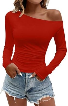 Generic T-shirt &agrave; manches longues &eacute;l&eacute;gant pour femme - Pull stretch - Chemise &agrave; manches longues Y2K - Coupe ajust&eacute;e - &Eacute;paules d&eacute;nud&eacute;es - Haut uni - Haut sexy 