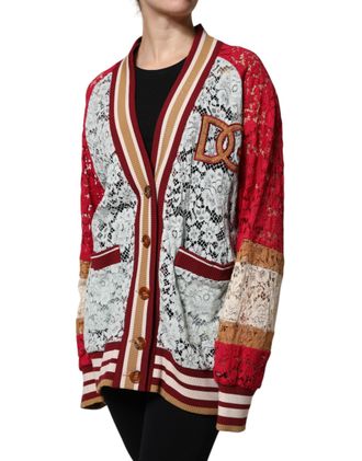 Dolce & Gabbana Womens Lace Block Colorblock Cardigan Multicolor Cotton Viscose Nylon Clothing
