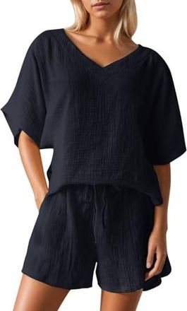 Generic Grenouill&egrave;re en tricot avec col en V, manches courtes, cordon de serrage &agrave; la taille, jambe droite, tenue d&eacute;contract&eacute;e et habill&eacute;e, v&ecirc;tements de plage