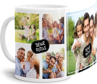 Tassendruck Foto-Tasse zum selbst gestalten mit Foto-Collage für 5 Wunschfotos - Geschenk für Familie, Freunde, Geburtstag, Weihnachten - Keramik Weiß, 300 ml I P