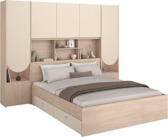 Vente-Unique Hochbett 140 x 190 cm mit Stauraum + LEDs - Beige & Natur - DOMELITO