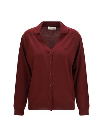 Miu Miu Embroidered Logo Virgin Wool Cardigan - Burgundy