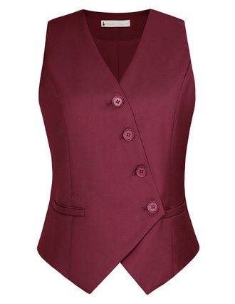 Belle Poque Formal Büro Arbeit Weste für Damen Vintage Button Down V-Neck Weste mit Taschen Weinrot 2XL