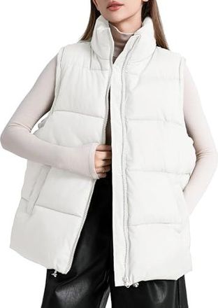 Feoya Gilet matelassé pour femme avec col rembourré - Veste dhiver sans manches coupe-vent avec poches, blanc, L