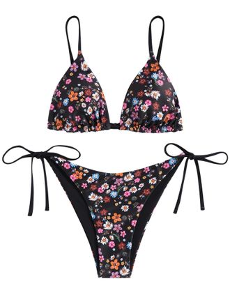 Zaful Damen Gepolstert Bikini Set, Reversible Blumenmuster Bikini Badeanzug mit Dreieck Cup Spaghetti-tr&auml;ger (3-Schwarz-Blumen,XL)