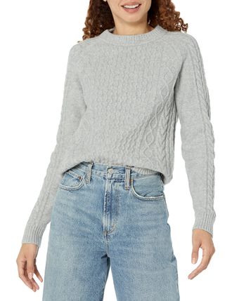 Amazon Essentials Damen Pullover mit Zopfmuster, Hellgrau Meliert, XS