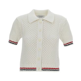 Thom Browne Femme, Pulls, Blanc, Taille: 36 FR Cardigan &agrave; Manches Courtes en Coton Pointelle