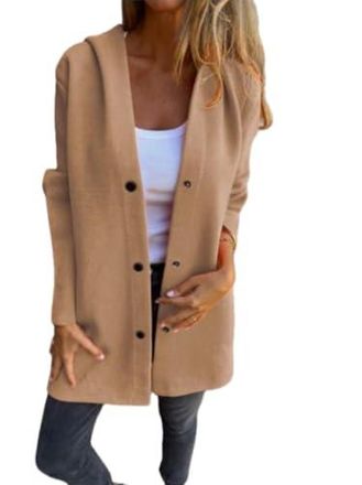 Generic Veste à capuche décontractée à simple boutonnage pour femme - En flanelle légère - Longue veste ouverte sur le devant - Manches longues - Trench solid