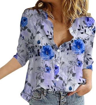 Generic Haut &agrave; manches longues &agrave; col en V pour femme - Chemisiers floraux &agrave; manches longues - Blouses et chemises de plage, hauts de vacances, hauts basiques 