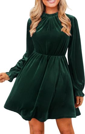 Cupshe Damen Samtkleid Stehkragen Lange Puff&auml;rmel R&uuml;schen Elegant Freizeitkleider Party Mini Dress Gr&uuml;n XL