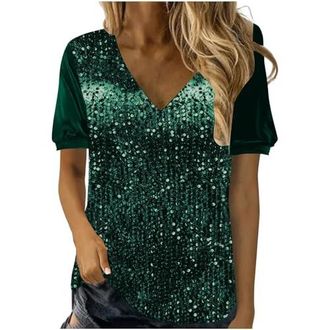 Generic Haut &agrave; paillettes pour femme - Col en V - Tunique &eacute;l&eacute;gante &agrave; manches courtes et col rond - T-shirt ample pour mariage, sortie, bal de fin dann&eacute;e, cock