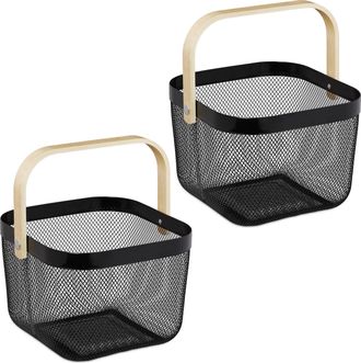 Relaxdays Drahtkorb mit Henkel, 2er Set, Metall, Bambus, HxBxT: 17,5 x 26 x 24,5 cm, eckiger Aufbewahrungskorb, schwarz