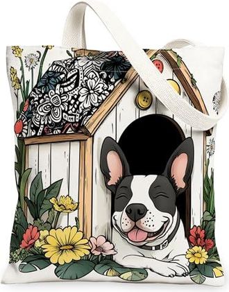 Generic Sac fourre-tout en toile motif chien bull-terrier printanier 33 x 38,1 cm, niche amusante pour chiot, sac d&eacute;picerie r&eacute;utilisable, sac d&eacute;picerie pour f