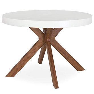 Menzzo Esstisch mit Metallfuß | Runder ausziehbarer Esstisch für Esszimmer oder Küche mit Mittelfuß, weißes Holz, Metall | unzählig | D110 cm x 75 cm aufgekl