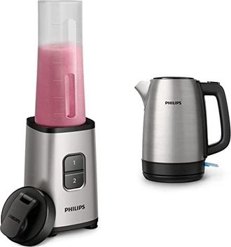 Philips To-Go Mini-Standmixer HR2600/80 (350 W, 28.000 Umdr. /Min., 0,7 L Fassungsvermögen, Trinkflasche, spülmaschinenfest) silber & HD9350/90 Wasserkocher, 