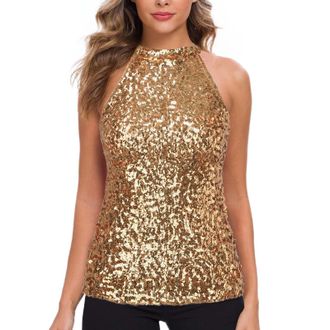 Generic Neckholder-Top mit Pailletten Damen Pailletten Tanktop &Auml;rmellos Glitzertop Party Oberteil Perlen Weste Sparkly Tops Glitzernde Oberteile Halfter Tankt