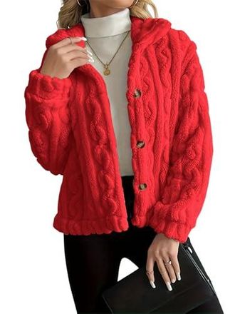 Generic Vestes de lit en polaire Sherpa pour femme - Long cardigan - Veste pelucheuse &agrave; boutons - Col montant - Manteaux dhiver doux d&eacute;contract&eacute;s, Rouge, XXL