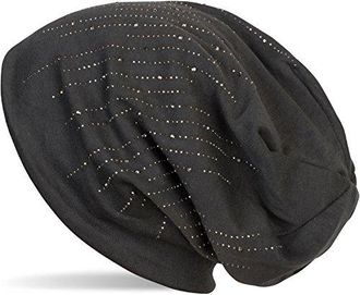 styleBREAKER Bonnet Femme avec Strass et Clous, Design à Rayures Élégantes, Bonnet Long Slouch en Tissu Uni 04024086, Couleur:Anthracite