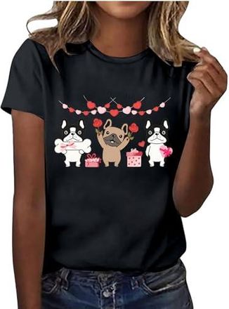 Generic T-shirt d&eacute;contract&eacute; &agrave; col rond pour femme pour la Saint-Valentin 2026 | Haut &agrave; manches courtes pour plus de confort et de style (3), Noir, XXL