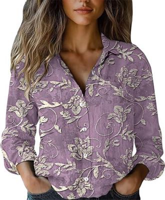 Generico Chemise Femme d&Eacute;t&eacute; Curvy &agrave; Manches Longues Chemises Coton Et Lin D&eacute;contract&eacute; Grande Taille T Shirt Col en V Mode Chemisier Vintage Fantaisie avec Bout