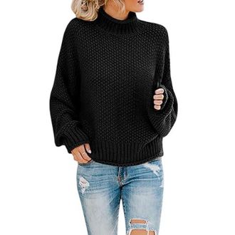 Generic Pull d&eacute;contract&eacute; et confortable &agrave; col montant pour femme, pull surdimensionn&eacute; &agrave; manches longues chauve-souris, pull ample en tricot &eacute;pais, Noir, XXL