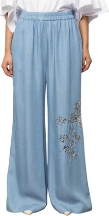 Kaos Kaos, Femme, Pantalons, Bleu, Taille: 40 FR Pantalon Coupe Ample avec Broderies de Sequins