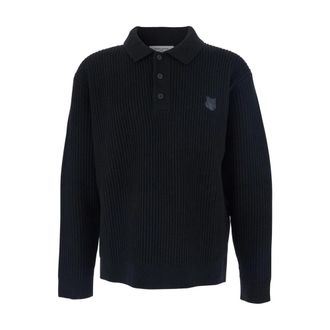 Maison Kitsun&eacute; Fox Head Woll Rippstrick-Polo-Pullover - - Knitwear - Herren - Schwarzk - L