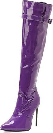 Generic Bottes au-dessus du genou &agrave; bout pointu &agrave; talon aiguille pour femme avec sangle &agrave; boucle et fermeture &eacute;clair &agrave; enfiler Chaussures de danse dhiver en b