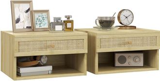 HOMCOM Homcom - Lot de 2 chevets suspendus - tiroir, niche, plateau - cannage rotin aspect bois clair