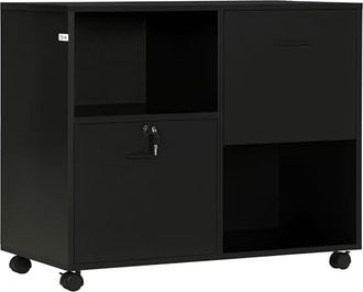 Vinsetto Armoire &agrave; tiroirs de Bureau avec 2 tiroirs &agrave; Documents et &eacute;tag&egrave;res Ouvertes en agglom&eacute;r&eacute;, poign&eacute;es en Acier, roulettes avec Blocage, 80x40x66cm, Noir