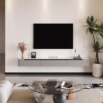 Generic Fernsehkommode Hängend 150 cm Felsplatte Massivholz Fernsehertisch Großes Fassungsvermögen Hohle Konstruktion Fernsehtisch mit Drahtlöchern für Wohnzi